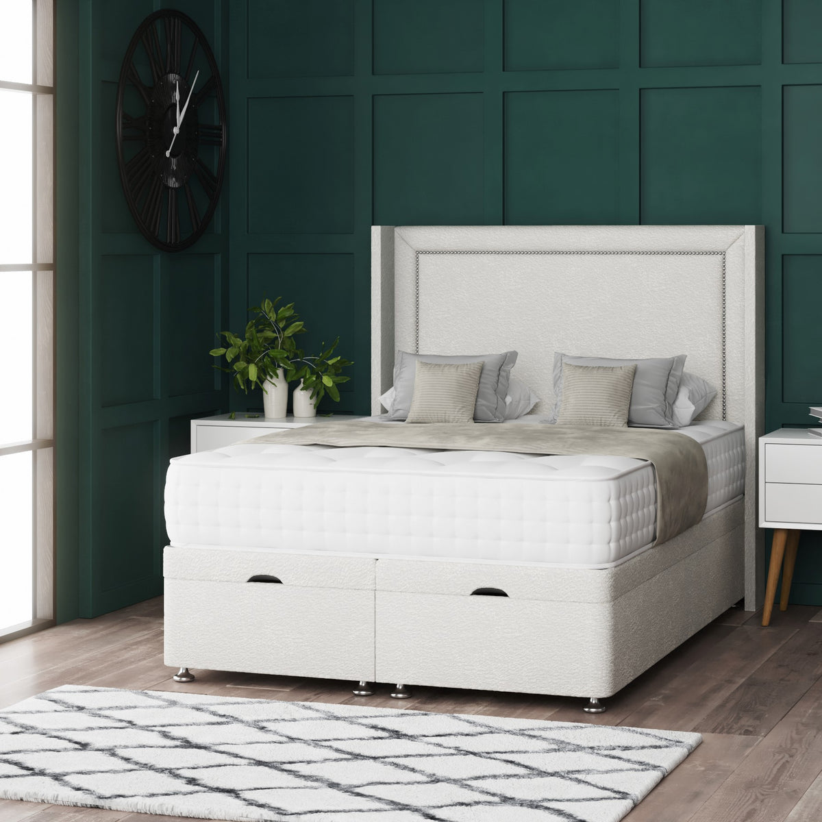 Hannah Beading Ottoman Storage Divan Bed With Floor Standing Wing Head – Beds Online Store