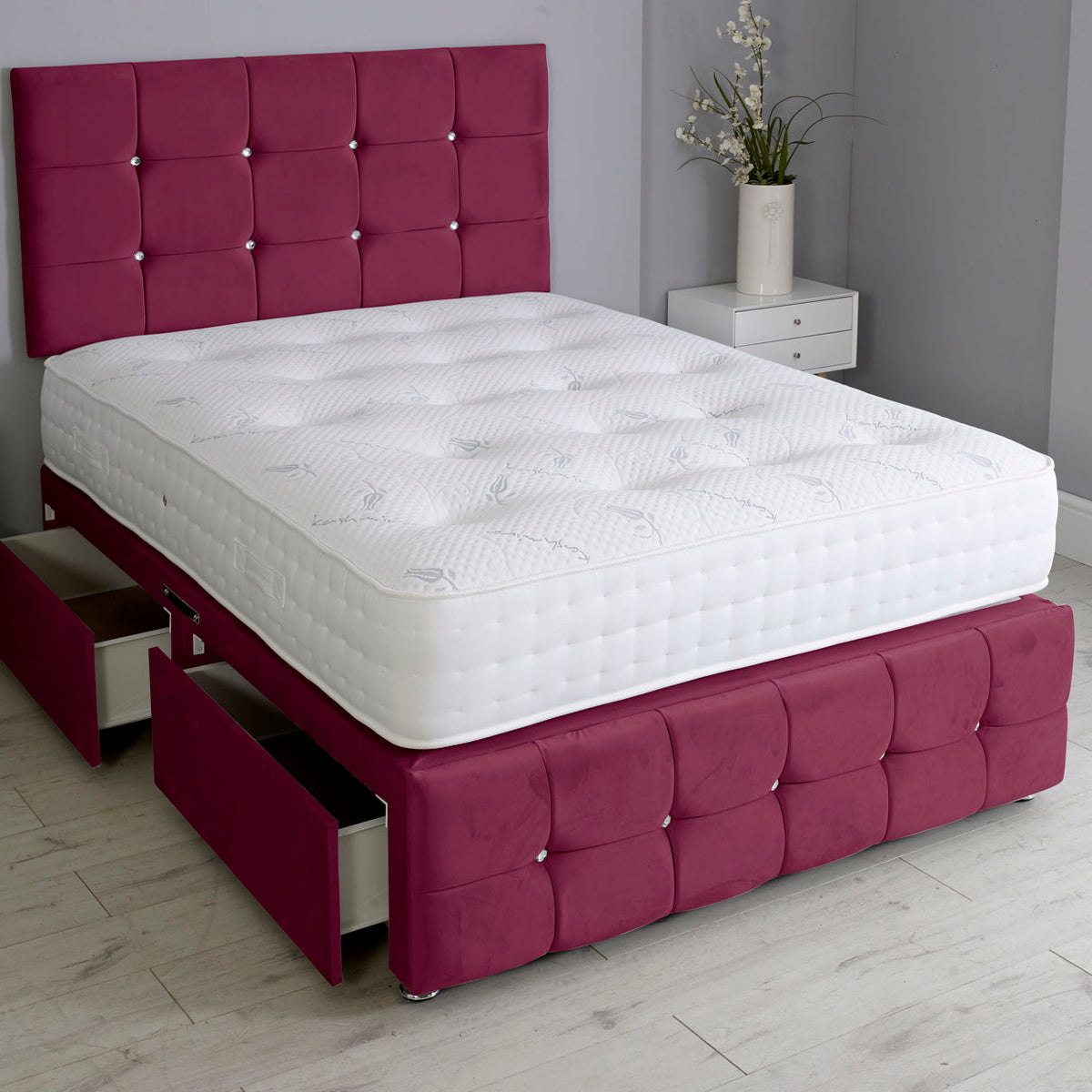 Cuboid Cube Divan Bed Set With Footboard And Pocket Mattress And Headb ...
